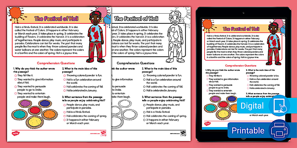 Second Grade The Festival of Holi Reading Passage Comprehension Worksheet