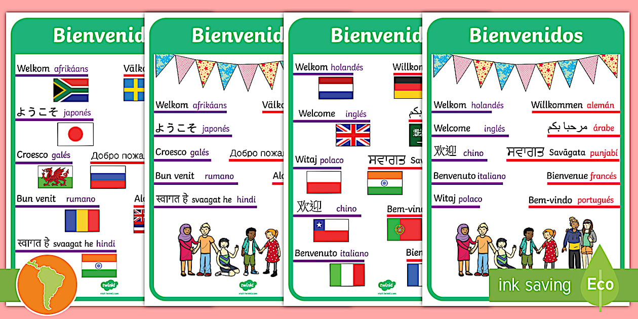 Pósters DIN A4: Bienvenidos en lenguas extranjeras - Twinkl