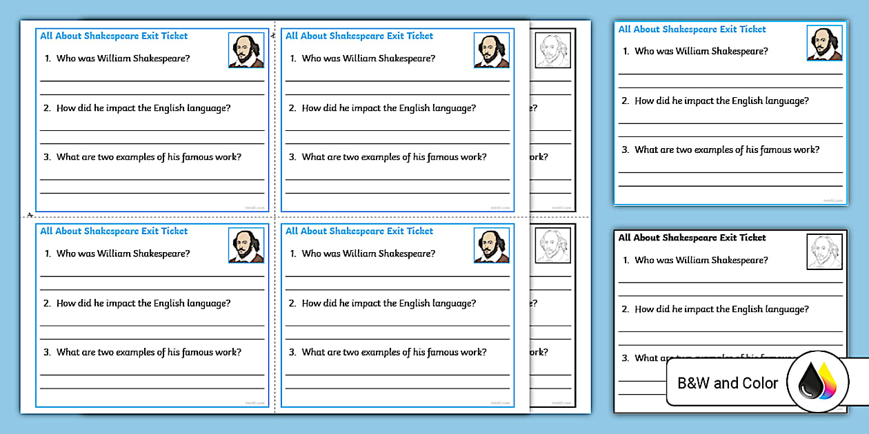 All About Shakespeare Exit Ticket for 3rd-5th Grade - Twinkl
