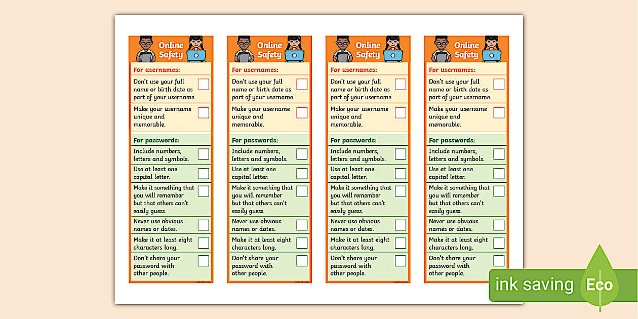 Online Safety Username and Password Checklist Bookmarks
