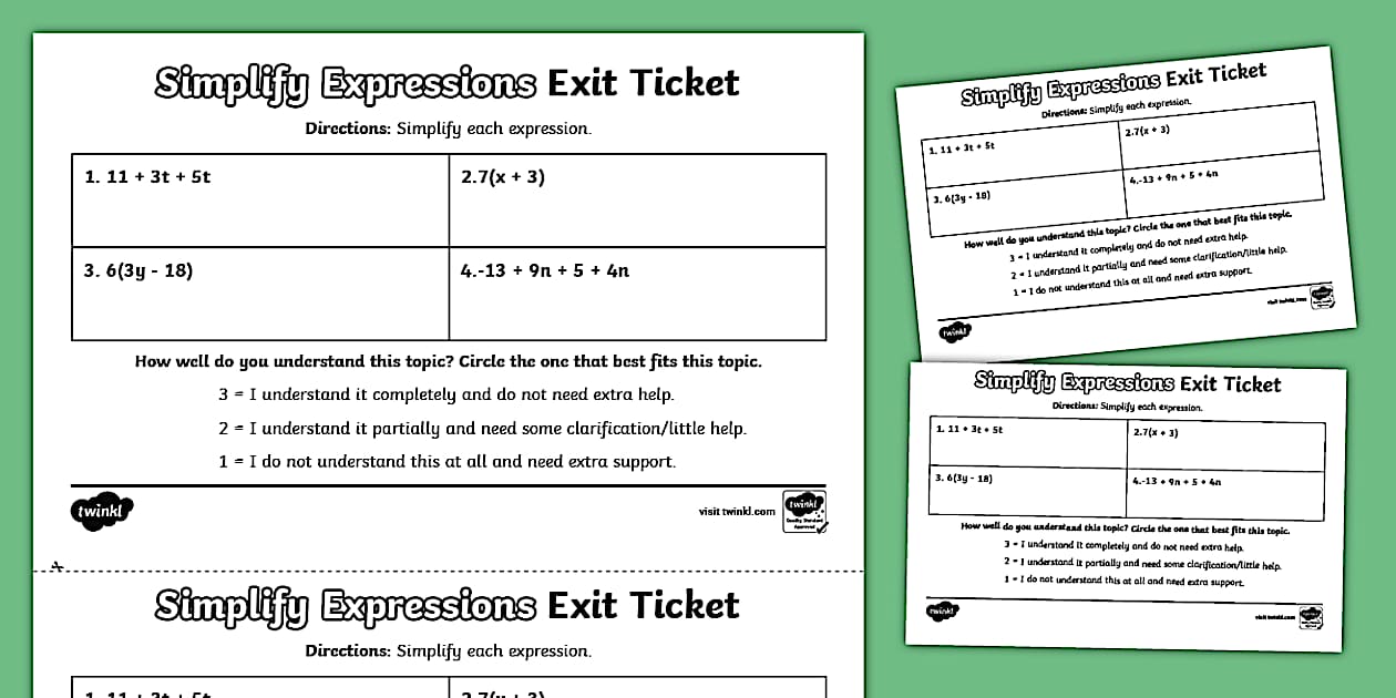 Seventh Grade Simplify Expressions Exit Ticket - Twinkl