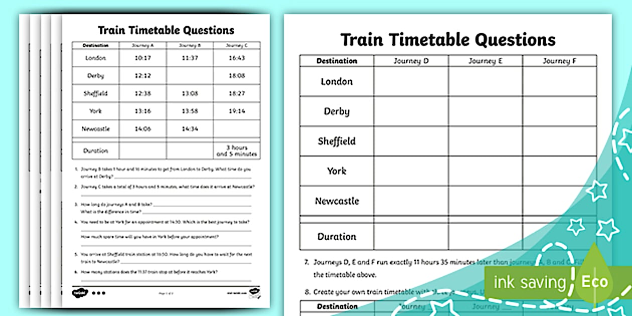👉 Train Timetable Questions Worksheet (Ages 7 - 9)