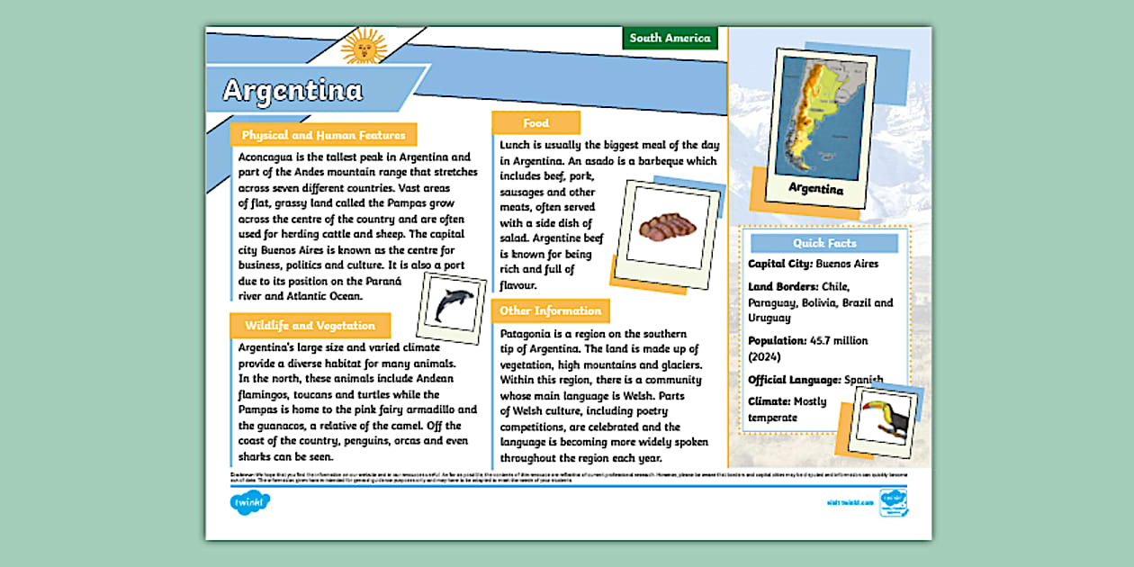 KS2 Argentina Fact File - Geography (teacher made) - Twinkl