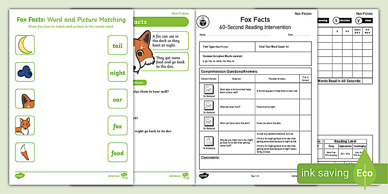 Level 1: 'Fox Facts' 60-Second Reading Set 2 Intervention Pack