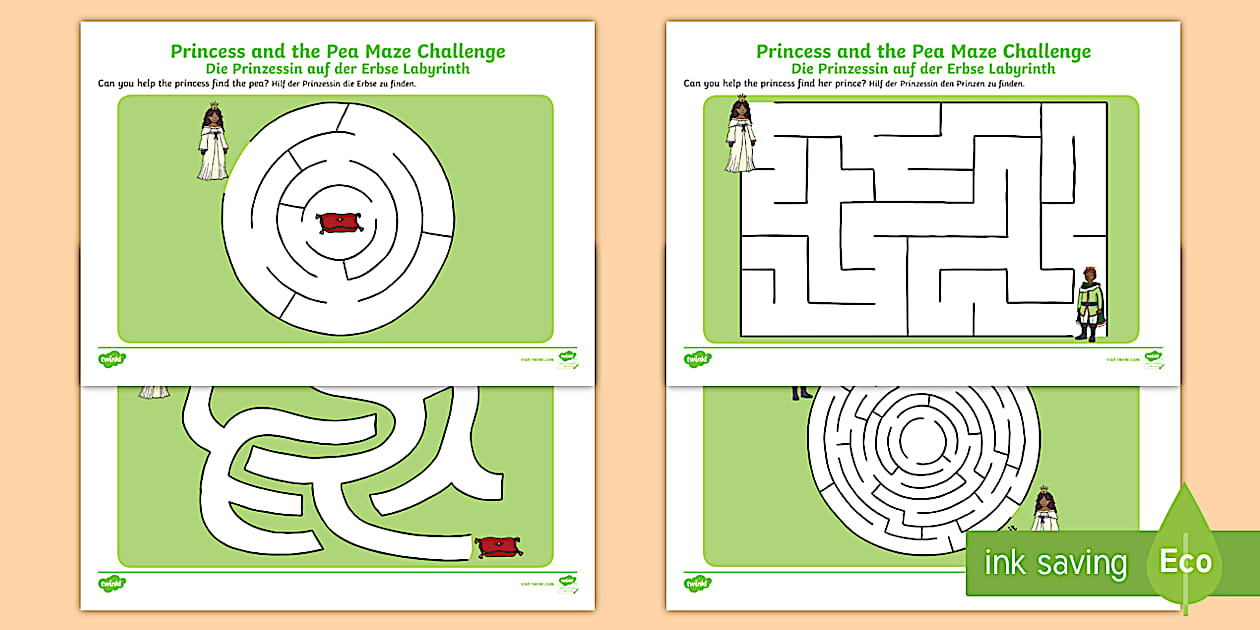 Black and White The Princess and the Pea Differentiated Maze Worksheets