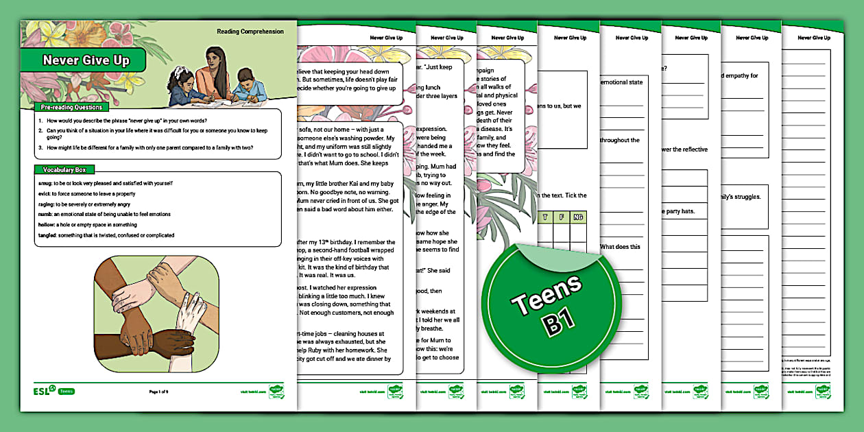 ESL Never Give Up Day Reading Comprehension [Teens, B2]