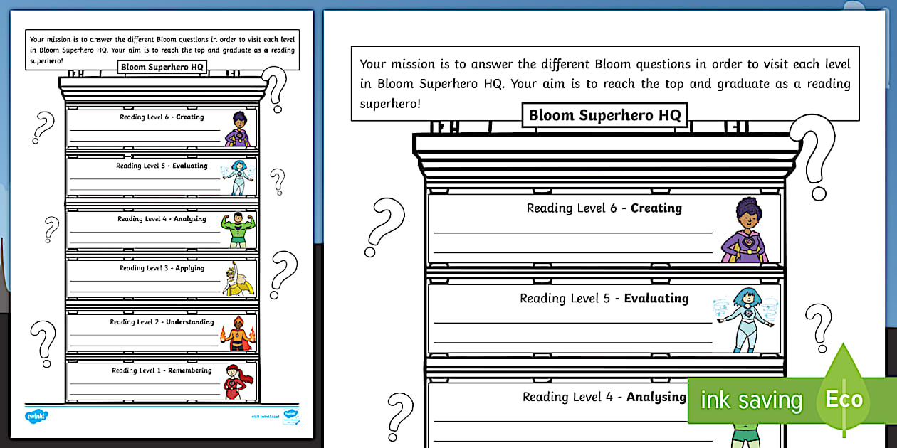 Black and White First Level Bloom Questions Recording Worksheet