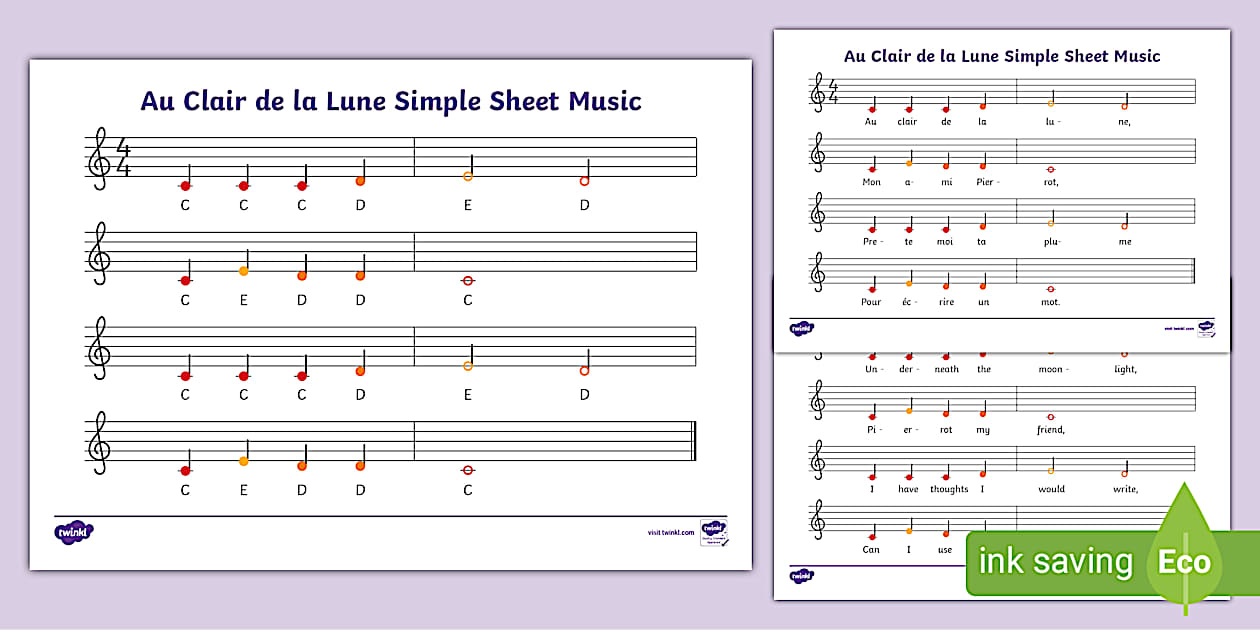 👉 Au Clair de la Lune Sheet Music - KS2 Music - Twinkl