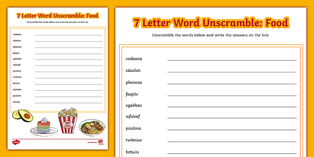 Food Words: Seven Letters Long Unscramble Worksheet - Twinkl