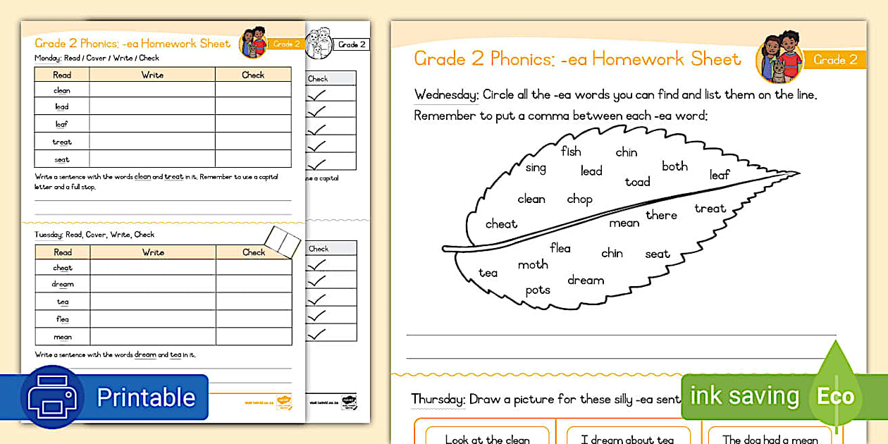 Grade 2 Phonics: ea Homework Sheet (Teacher-Made) - Twinkl
