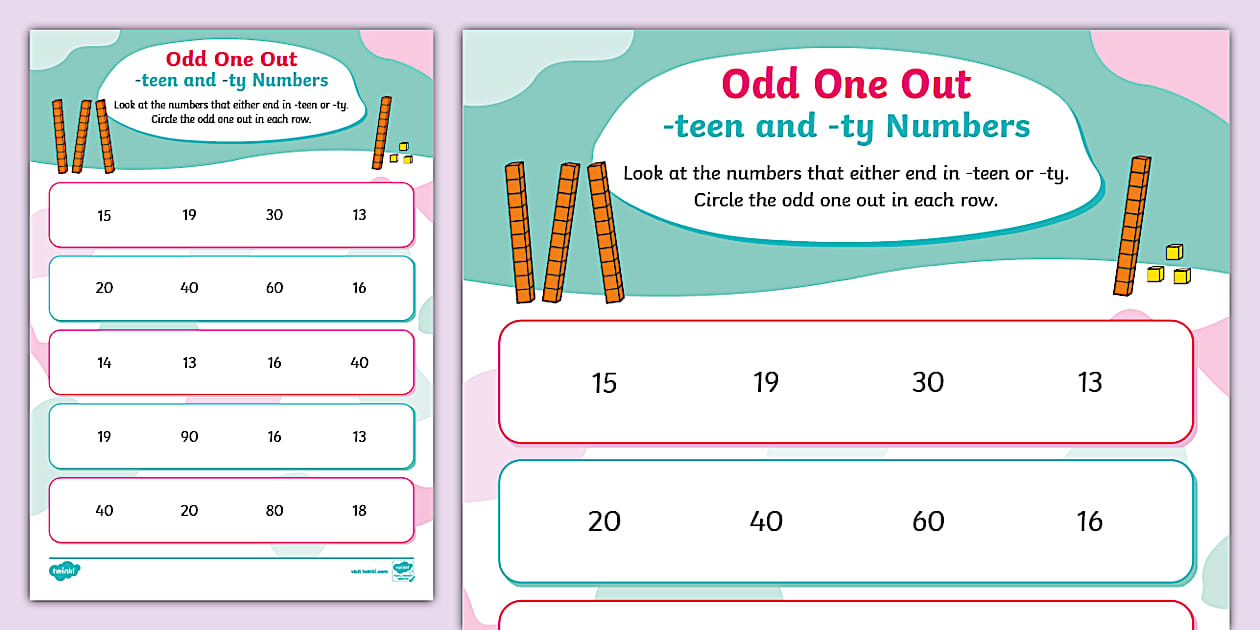 👉 -teen and -ty Numbers Odd One Out Worksheet - Twinkl