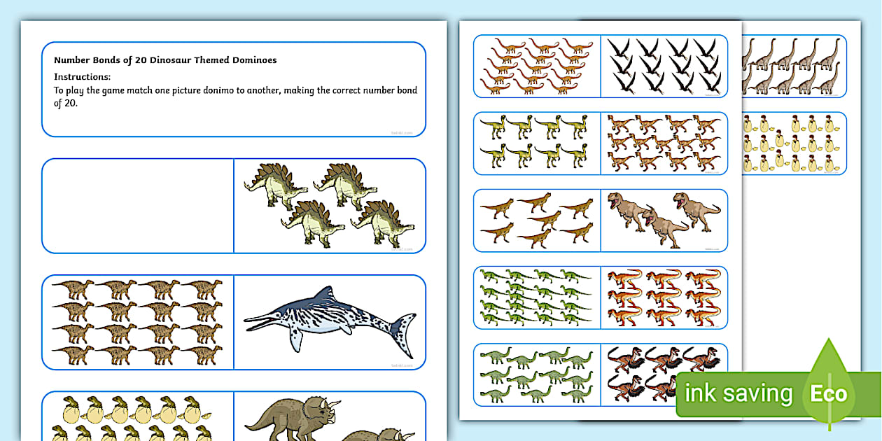 Black and White Number Bonds of 20 Dinosaur Themed Dominoes