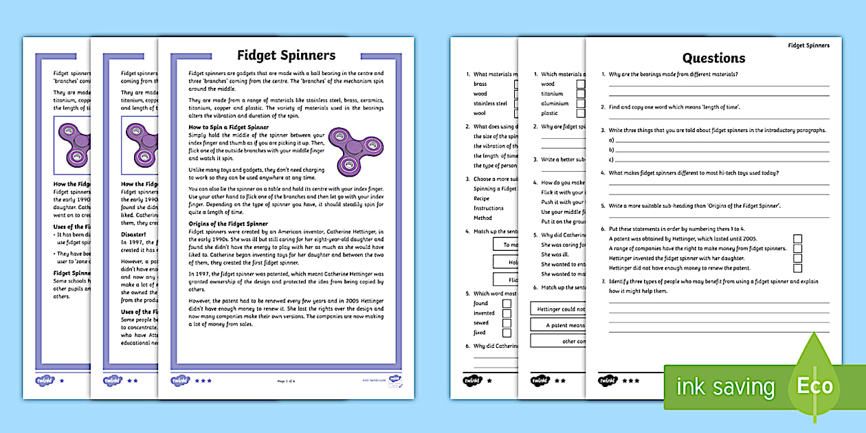 KS2 Fidget Spinners Differentiated Reading Comprehension Activity