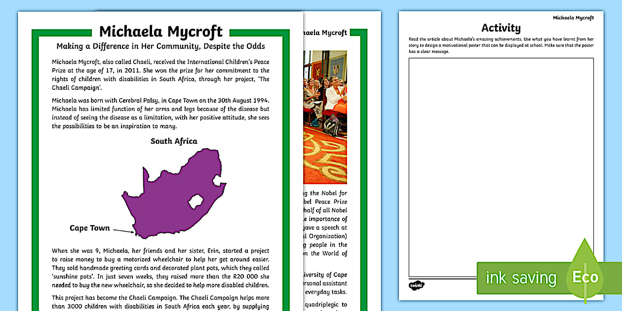 South African Youth Heroes: Michaela Mycroft Activity