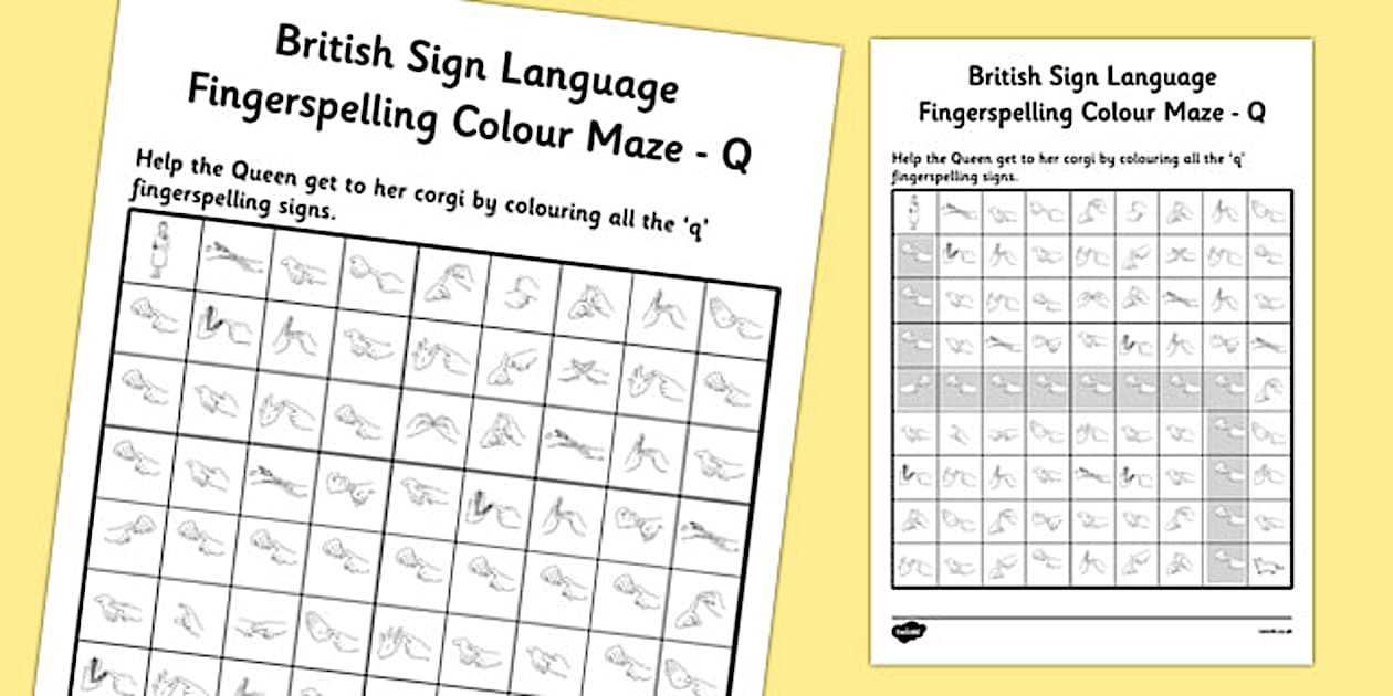 British Sign Language Left Handed Fingerspelling Colour Maze Q