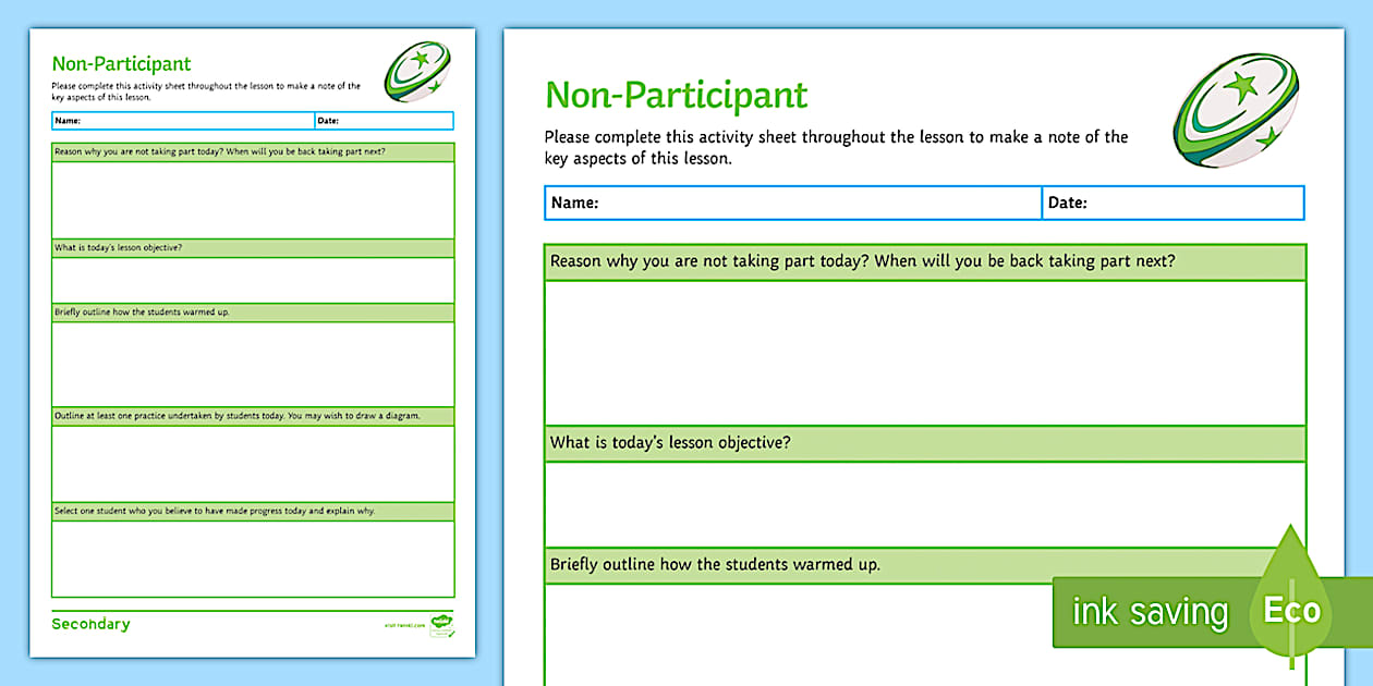 Rugby: Non-Participant Worksheet / Worksheet (teacher made)