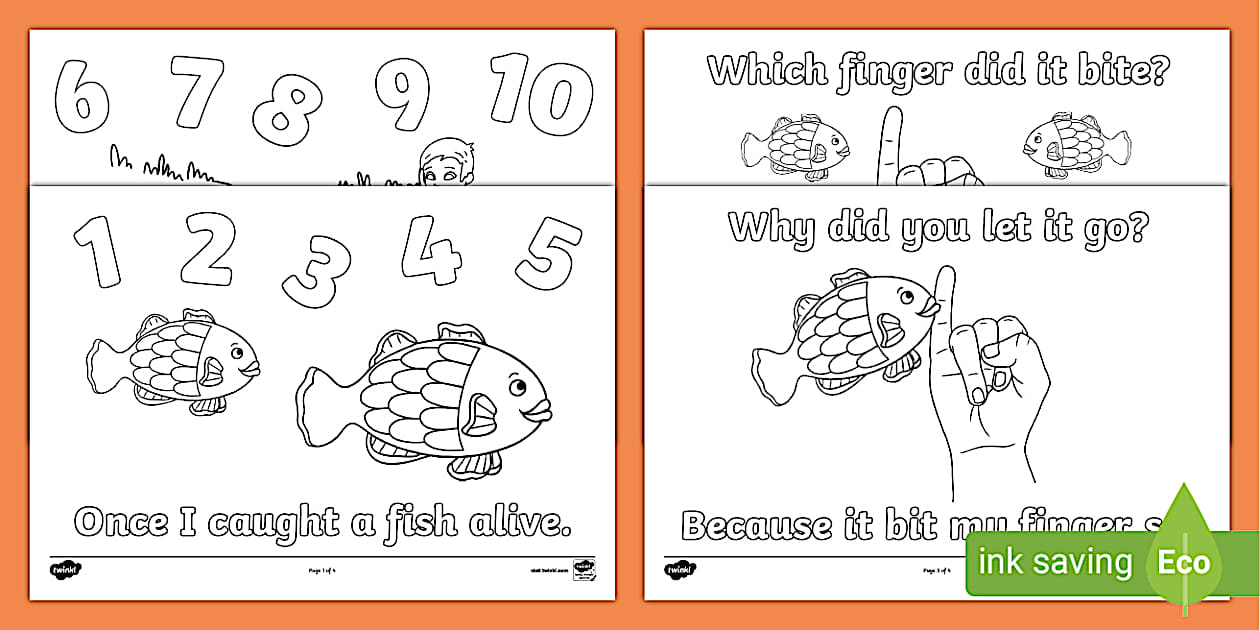 Cursive 1, 2, 3, 4, 5 Once I Caught a Fish Alive Colouring Sheets