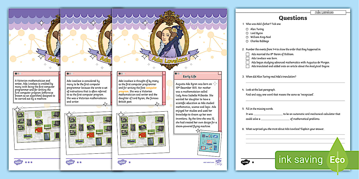 UKS2 Ada Lovelace Reading Comprehension Activity - Twinkl