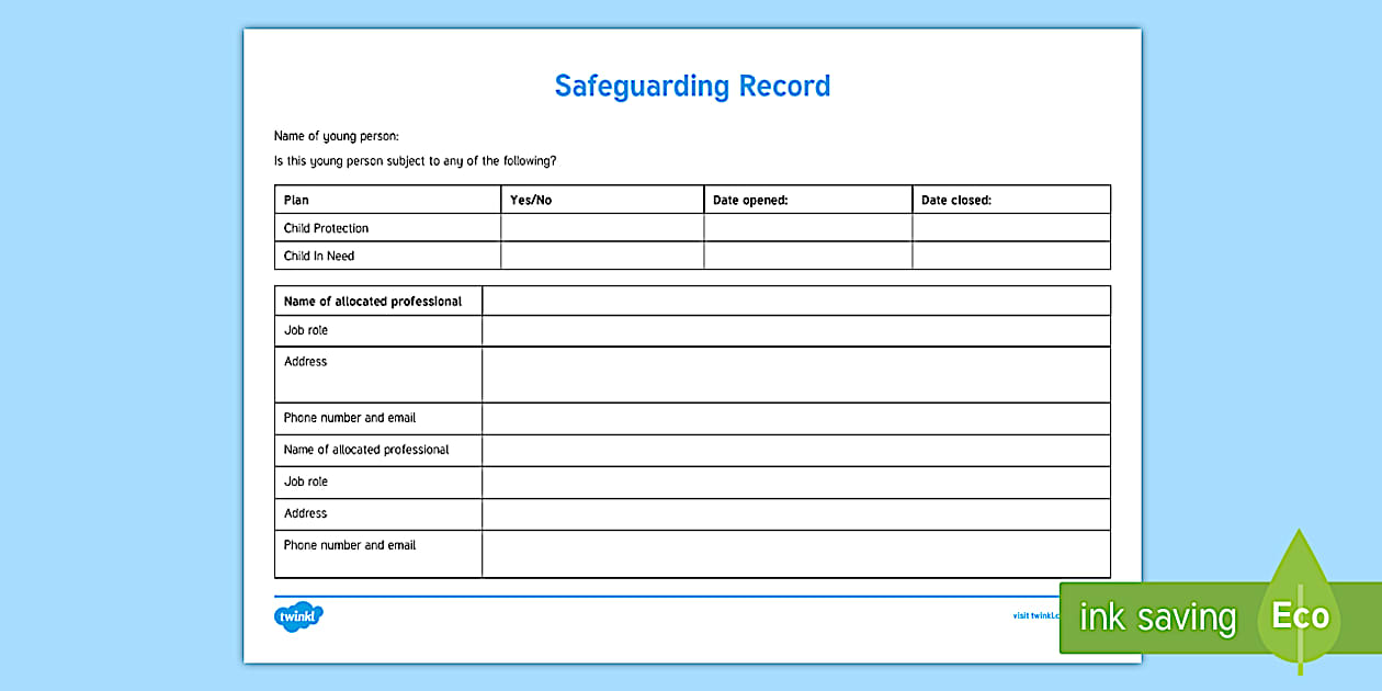Editable Safeguarding Record Young People & Families Case File Recording