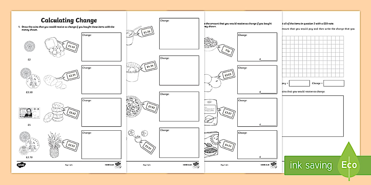Editable Calculating Change KS1 Worksheet - Twinkl