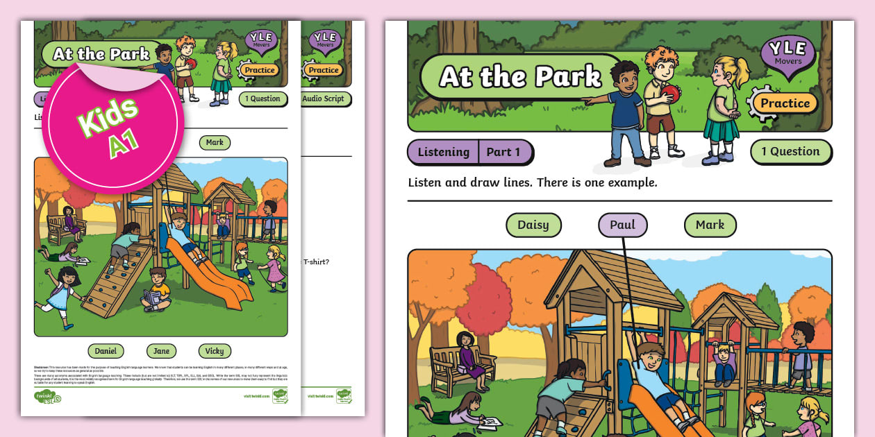 YLE Movers - Listening Part 1 - Practice Sheet (At the Park) [A1]