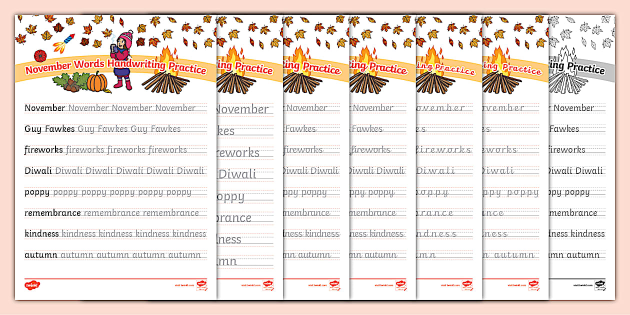November Words Handwriting Practice Worksheet (teacher made)