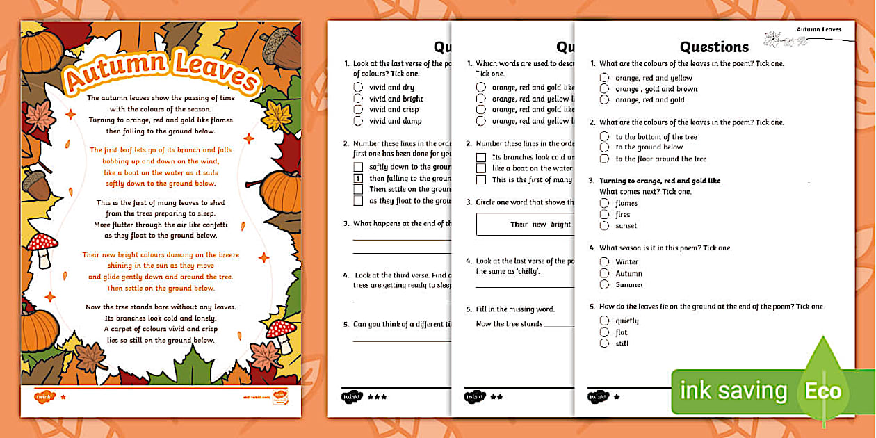 KS1 Autumn Leaves Poem Differentiated Reading Comprehension Activity