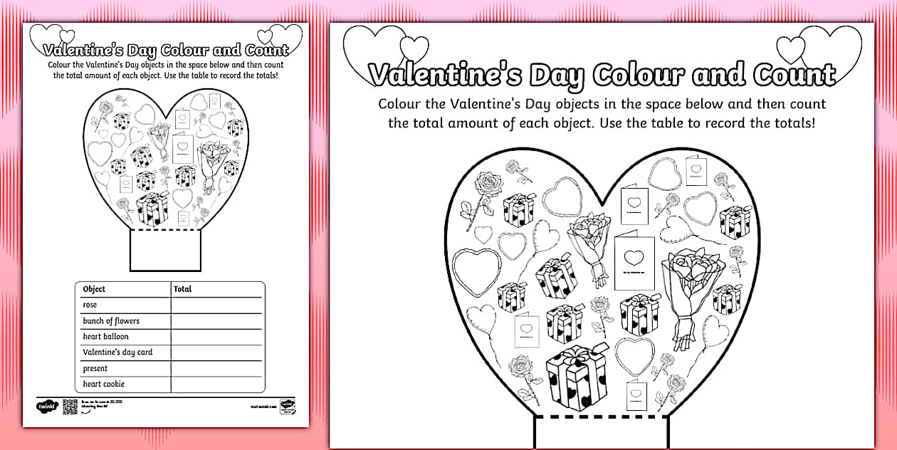 👉 Valentine's Day Colour and Count Worksheet - Twinkl