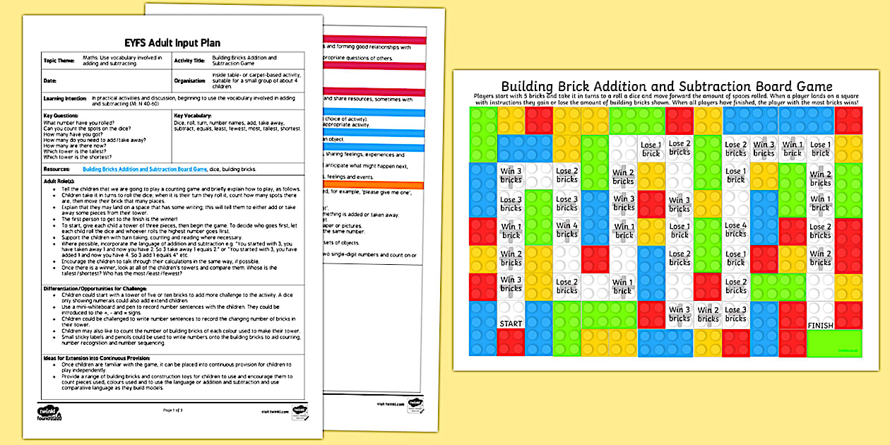 EYFS Building Bricks Addition and Subtraction Game Adult Input Plan and
