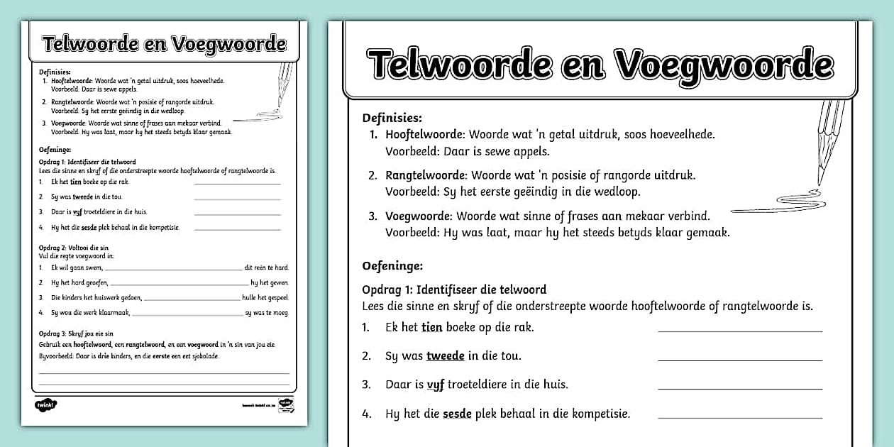 Taalavontuur: Telwoorde en Voegwoorde Aktiwiteit - Twinkl