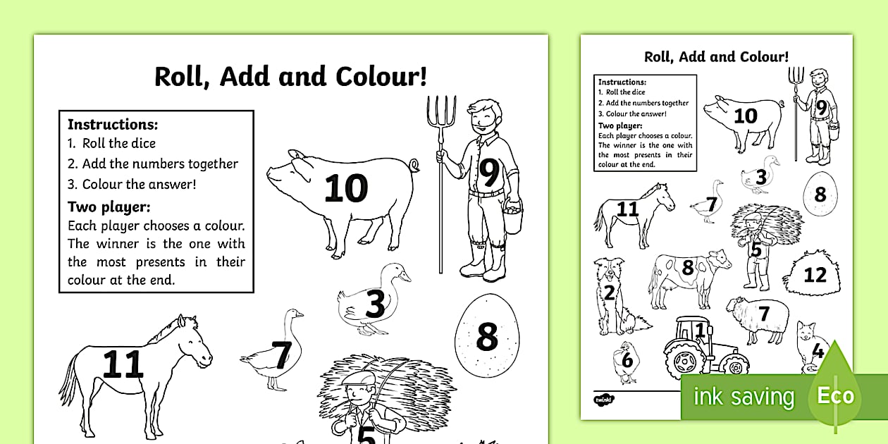 The Farm Aistear Roll and Colour Worksheet - Twinkl