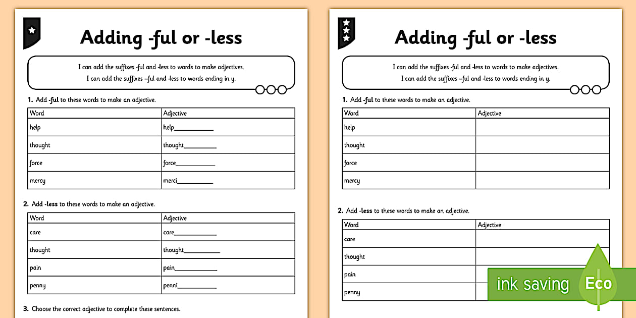 Adding '-ful' or '-less' Suffix - Differentiated Worksheet Pack