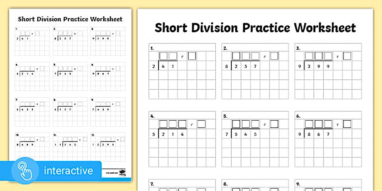 Editable Interactive PDF: Year 5 Short Division Maths Practice Worksheet