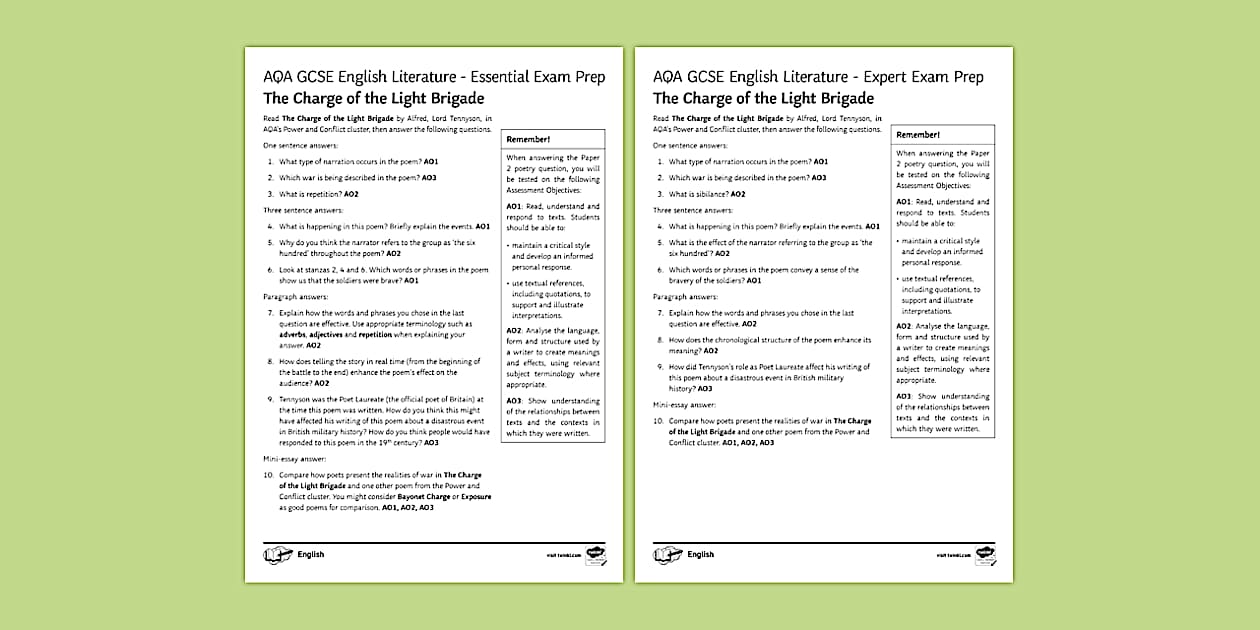 AQA Poetry Charge of the Light Brigade Revision Worksheet