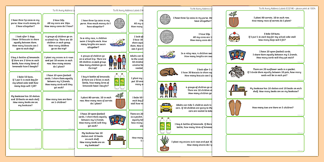 KS1 Multiplication and Division Word Problems Sticky Labels