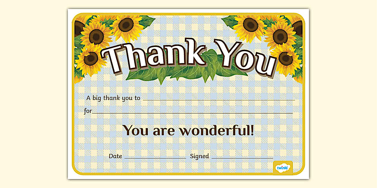 Sunflower-Themed Thank You Certificate - Twinkl
