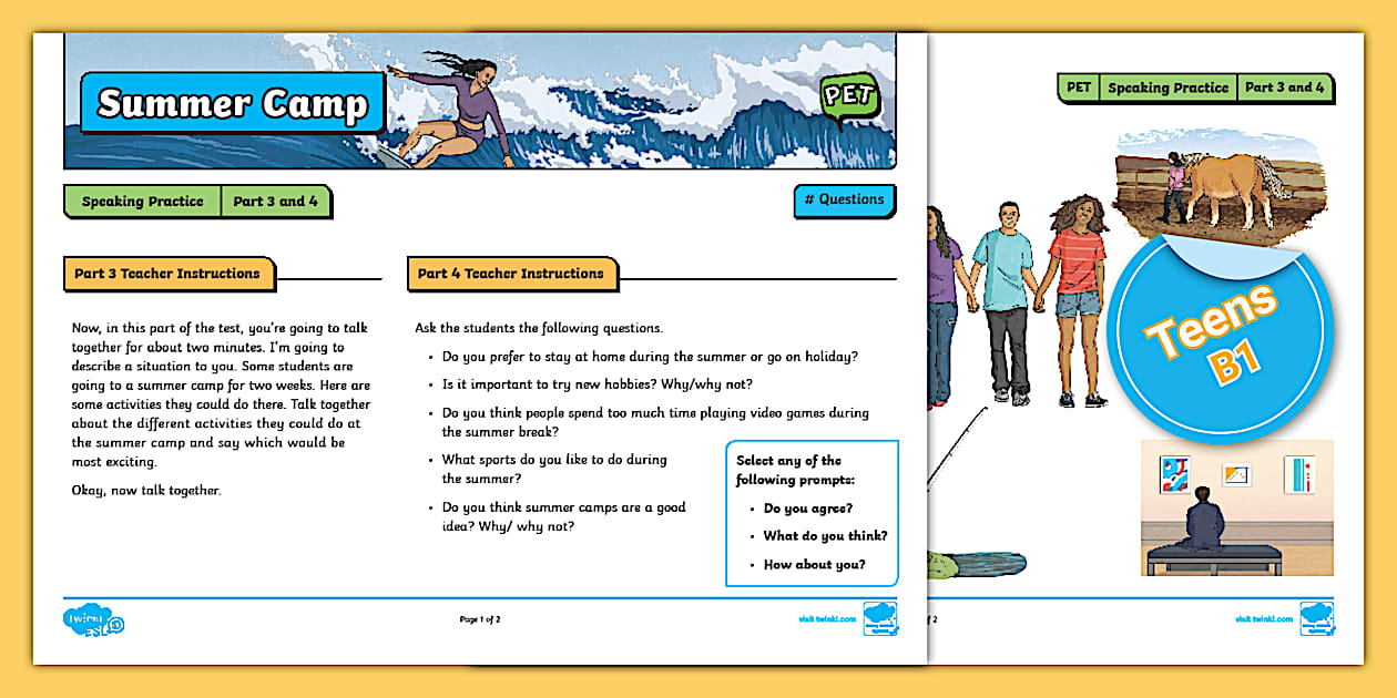 B1 Preliminary (PET) Speaking Part 3 & 4 - Summer Camp