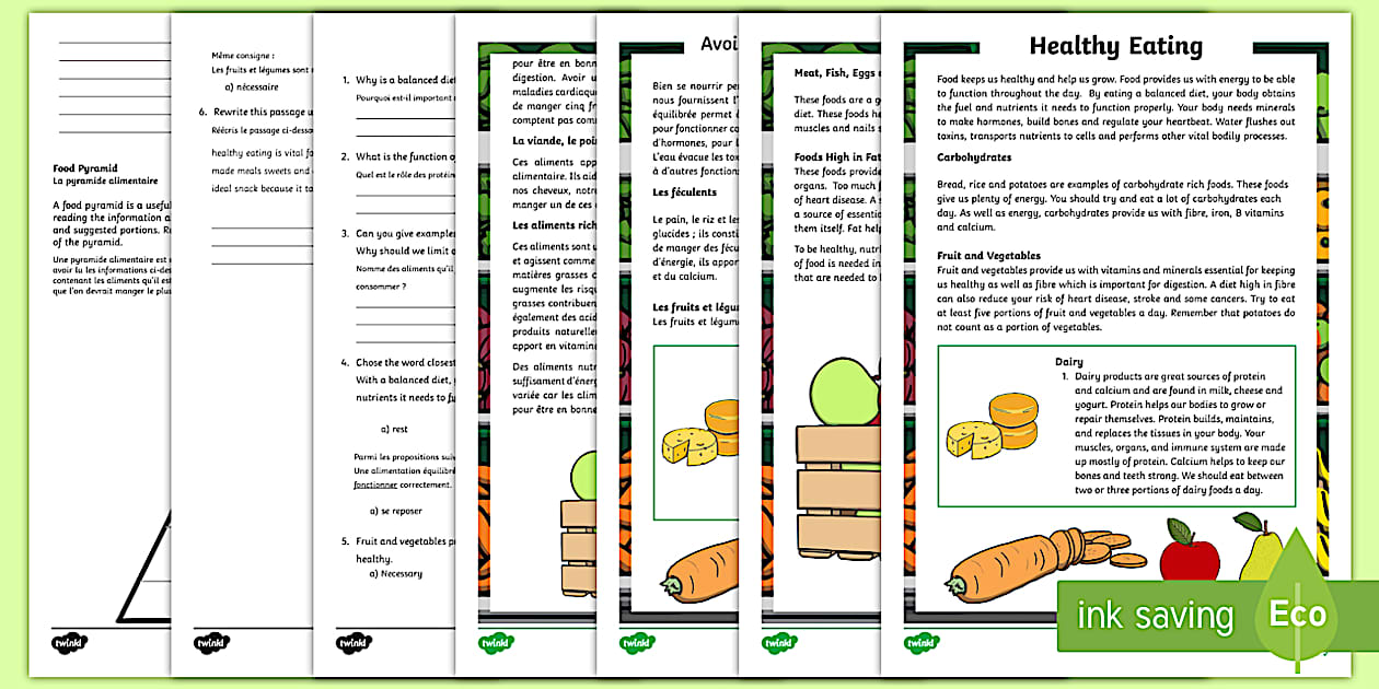 Healthy Eating Differentiated Comprehension Activity English/French