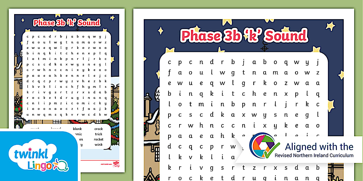 NI Linguistic Phonics Phase 3b 'k' Sound Word Search