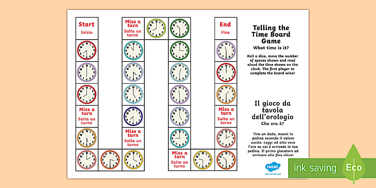 Telling the Time Italian Translation Board Game - Spanish Telling the Time