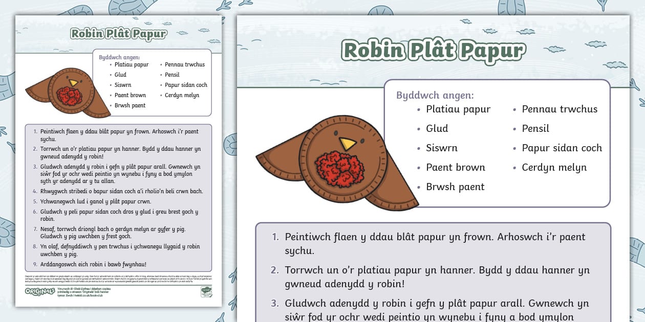 Bobi a'r Robin: Creu Robin Plât Papur (teacher made)