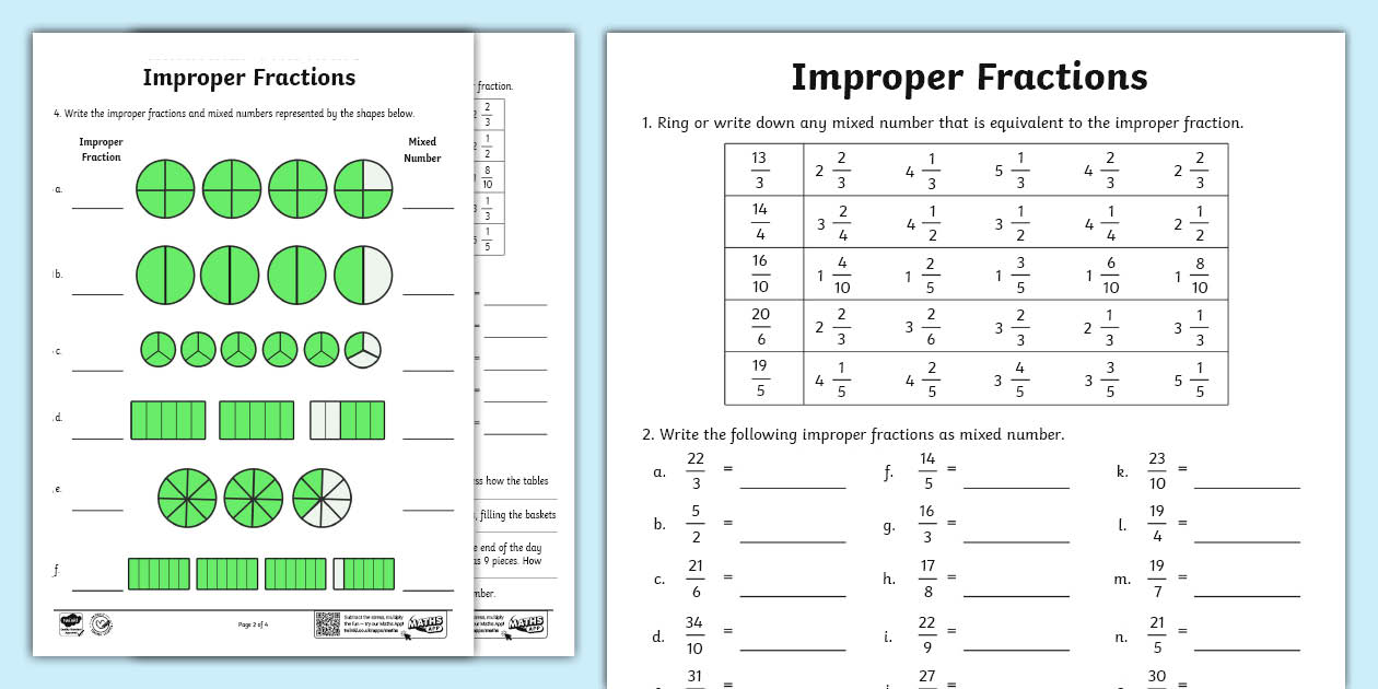 Improper Fractions Worksheet Pack | Mixed Numbers - Twinkl