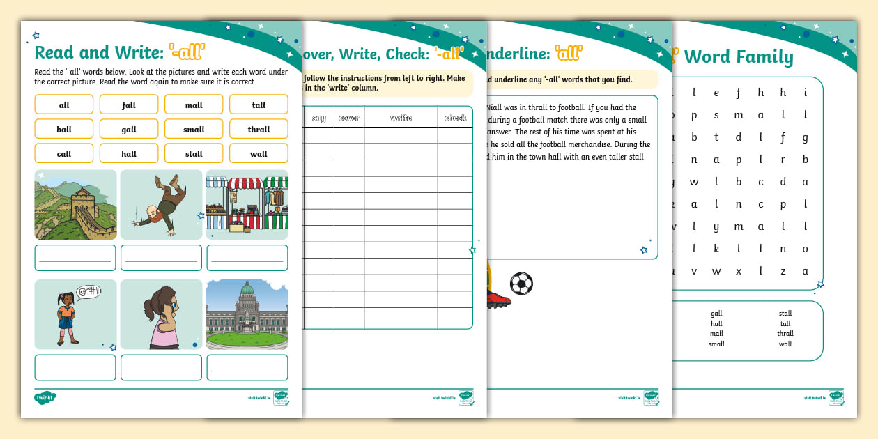 Word Family '-all' Work Sheets (Hecho por educadores)