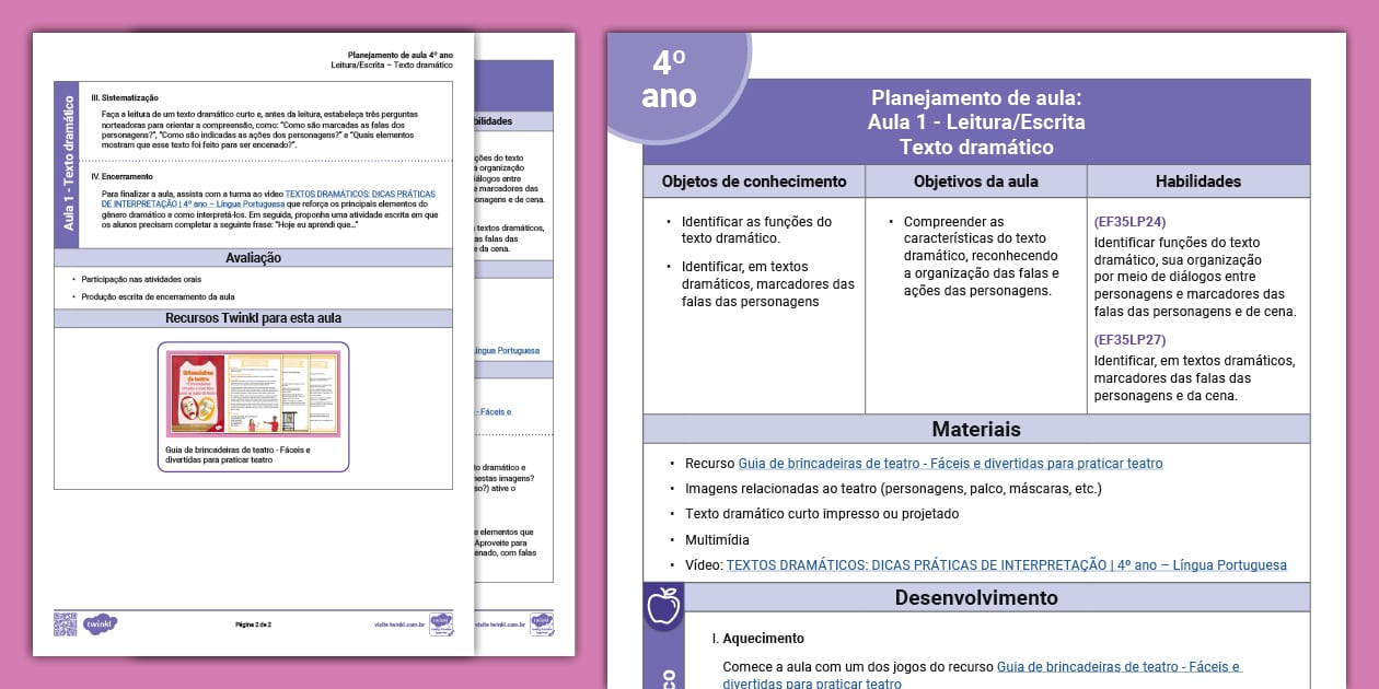 Planejamento de aula 4º ano: Leitura/Escrita – Aula 1: Texto dramático