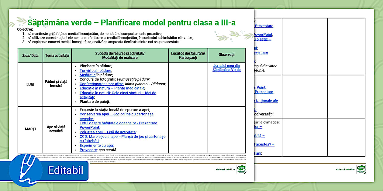 Săptămâna Verde Clasa 3/III - Model Planificare - Twinkl