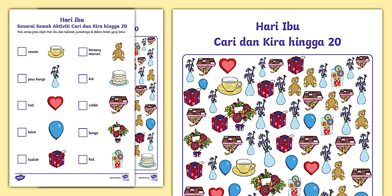 Hari Ibu - Aktiviti Cari dan Kira hingga 20 Matematik Tahun 1