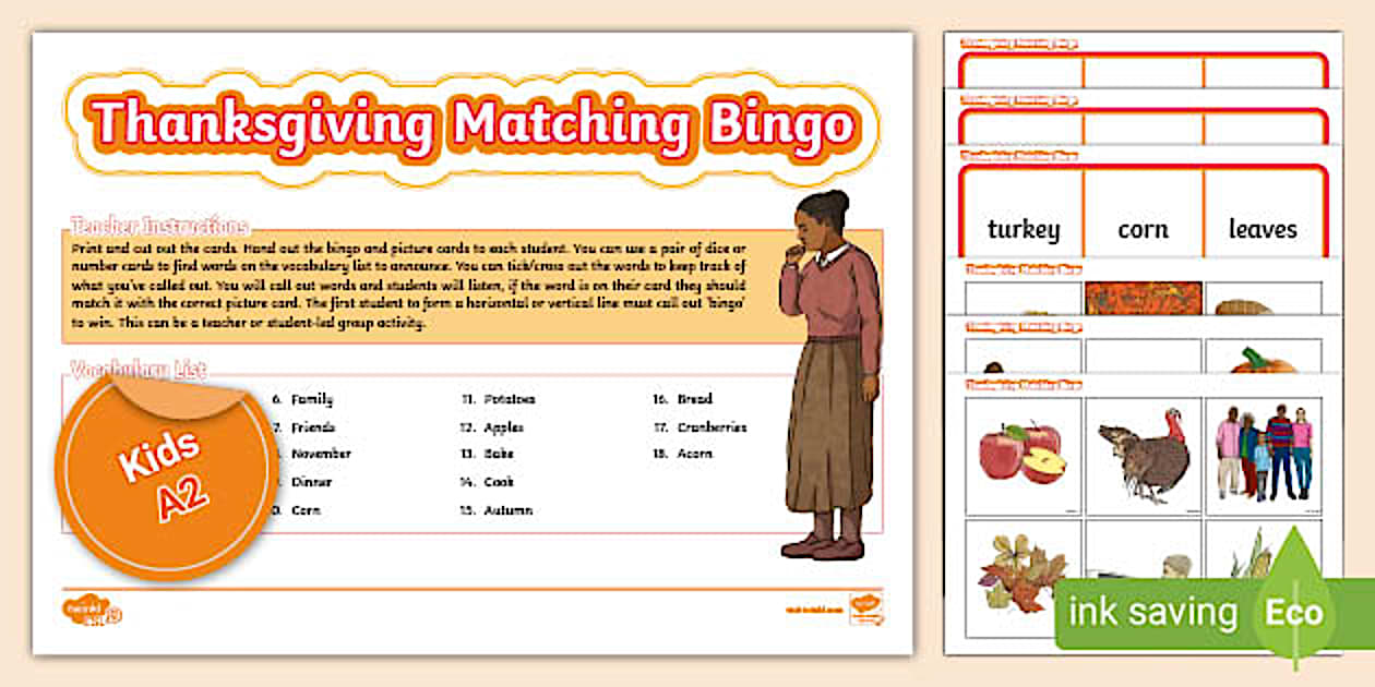 ESL Thanksgiving Bingo [Kids, A1-A2] (teacher made) - Twinkl