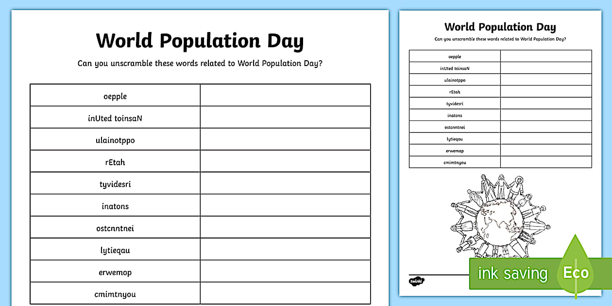 World Population Day Word Unscramble (Hecho por educadores)