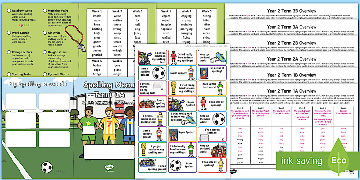 Editable Year 2 Football Themed Spelling Menu Pack - Twinkl