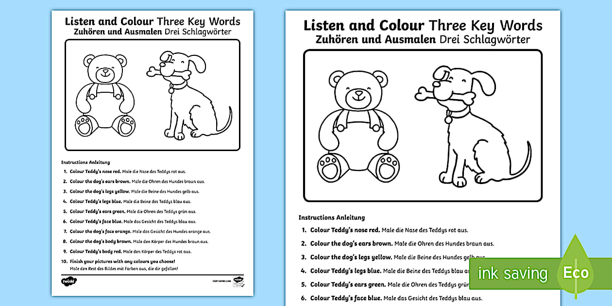 Listen and Colour Three Key Words Worksheet / Worksheet English/German